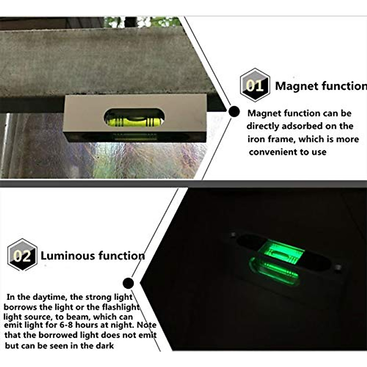 umei High Precision Aluminum level alloy with luminous horizontal bubble, horizontal position can be seen on 3 sides, 90x25x21mm（With magnet）