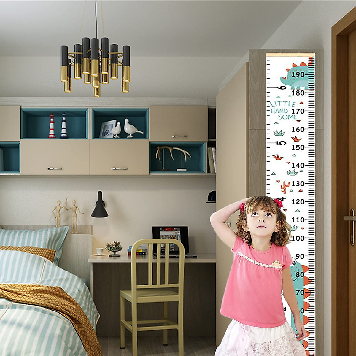 2 Pack Kids Baby Hanging Growth Chart,Hanging Ruler Wall Decor Ruler,Wood Frame Fabric Canvas Removable Height Measurement Ruler for Kids,Toddlers and Babies(Dinoaurs and Basic Styles)