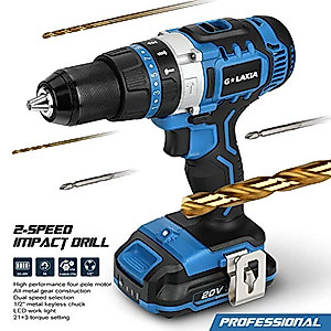 G LAXIA 20V Lithium Ion 2-Speed Cordless Drill Driver with Variable Speed, Max Torque(50N.m), 21+3 Clutch, 1/2 inch Keyless Chuck, Built-in LED, Metal Belt Clip, 2.0Ah Battery & 1 Fast Charger