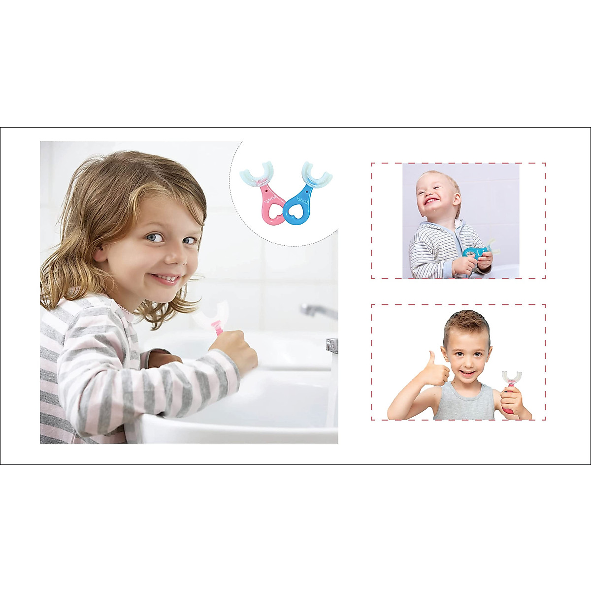 Vybrush U Shaped Toothbrush Kids 2-6 Whole Mouth Infant Toothbrush with 360° Food Grade Silicone Head and a Shampoo Toddler Brush Massager in Cool Pink & Blue Heart Styles in a Giftable Pack