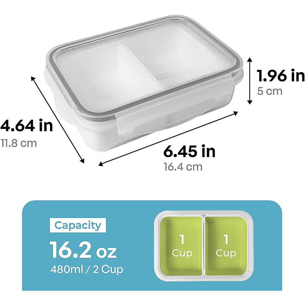 carrotez Food Storage Containers with 2 Removable Compartments, Snack Containers with Airtight Lids, Portion Control Container, Reusable, BPA Free, 2 Cup (480ml)