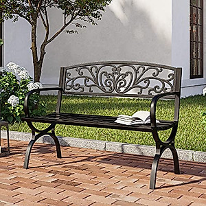 BELLEZE Patio Outdoor Garden Bench, 50 inch Cast Iron Metal Loveseat Chairs with Armrests for Park, Yard, Porch, Lawn, Balcony, Backyard, Antique Seat Furniture, Black