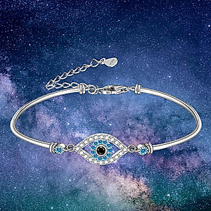Jewlikee Evil Eye Bracelet Sterling Silver Blue Evil Eye Bangles Bracelets for Women Good Luck Protection Third Eye Amulet