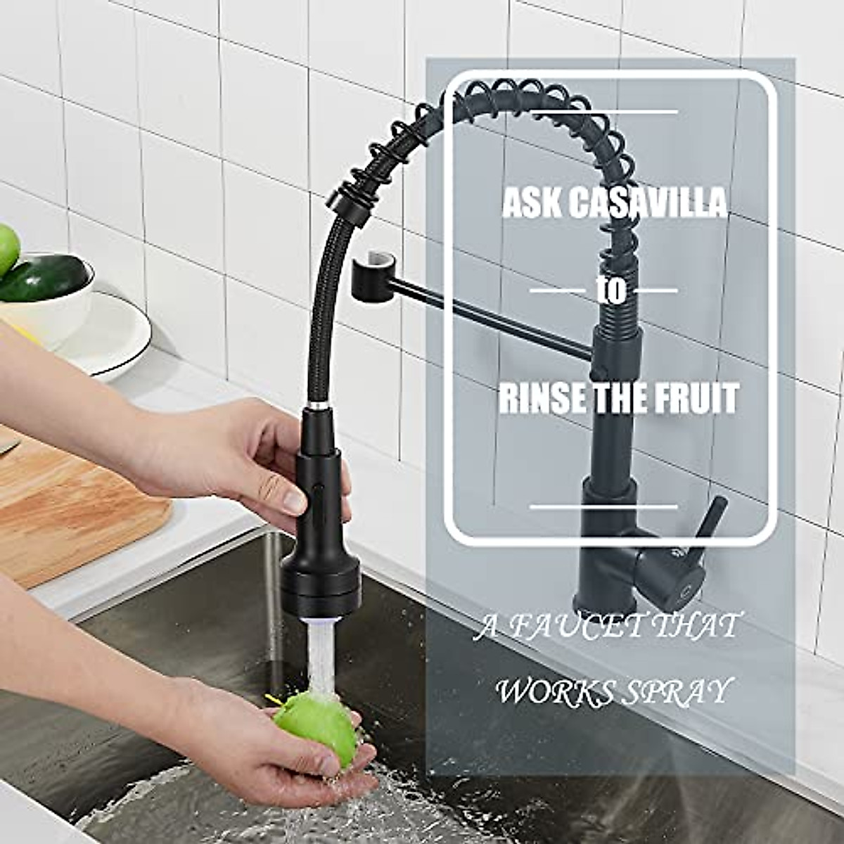 Casavilla Faucet, Black Kitchen Faucet with LED Light, Kitchen Sink Faucets with Pull Down Sprayer, Dual Function Spray Head, Farmhouse Stainless Steel Single Handle Kitchen Faucets