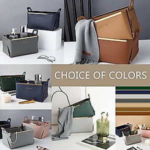 Foldable Basket Organizers and Storage,Small Storage Bin with Handles,Faux Leather Decorative Tray for Bath,Vanity,Entryway (Navy)