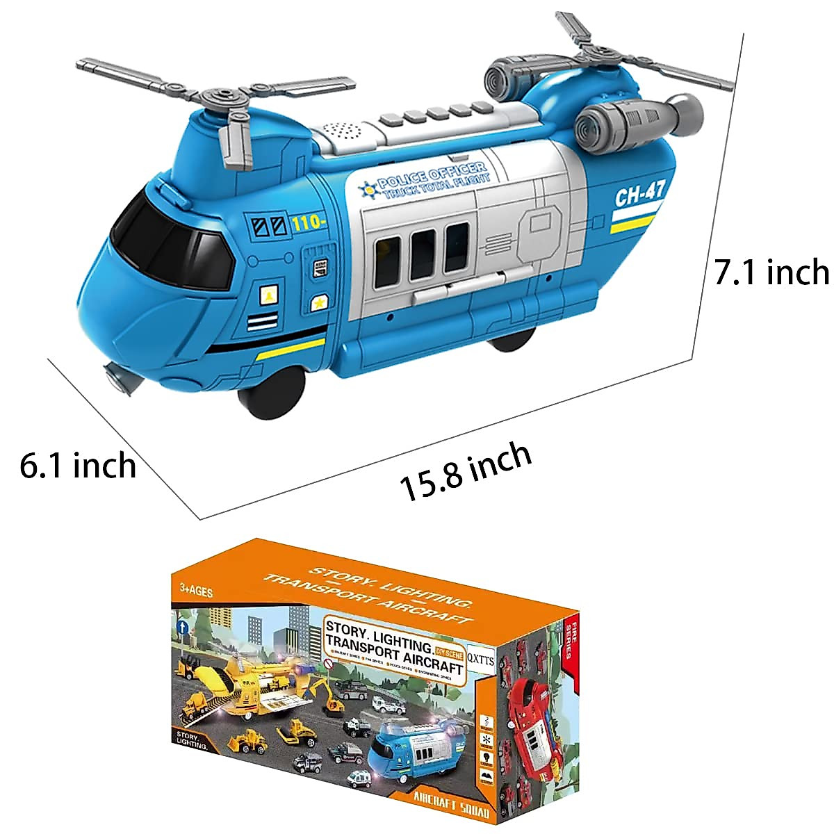Airplane Toys with Music and Light Police Theme Transport Cargo Airplane Toy Play Set with 12 Road Sign Toy and 12 Alloy Vehicle Car Toy for 3 4 5 6 7 Year Old Boys and Girls Best Birthday Gift (Blue)