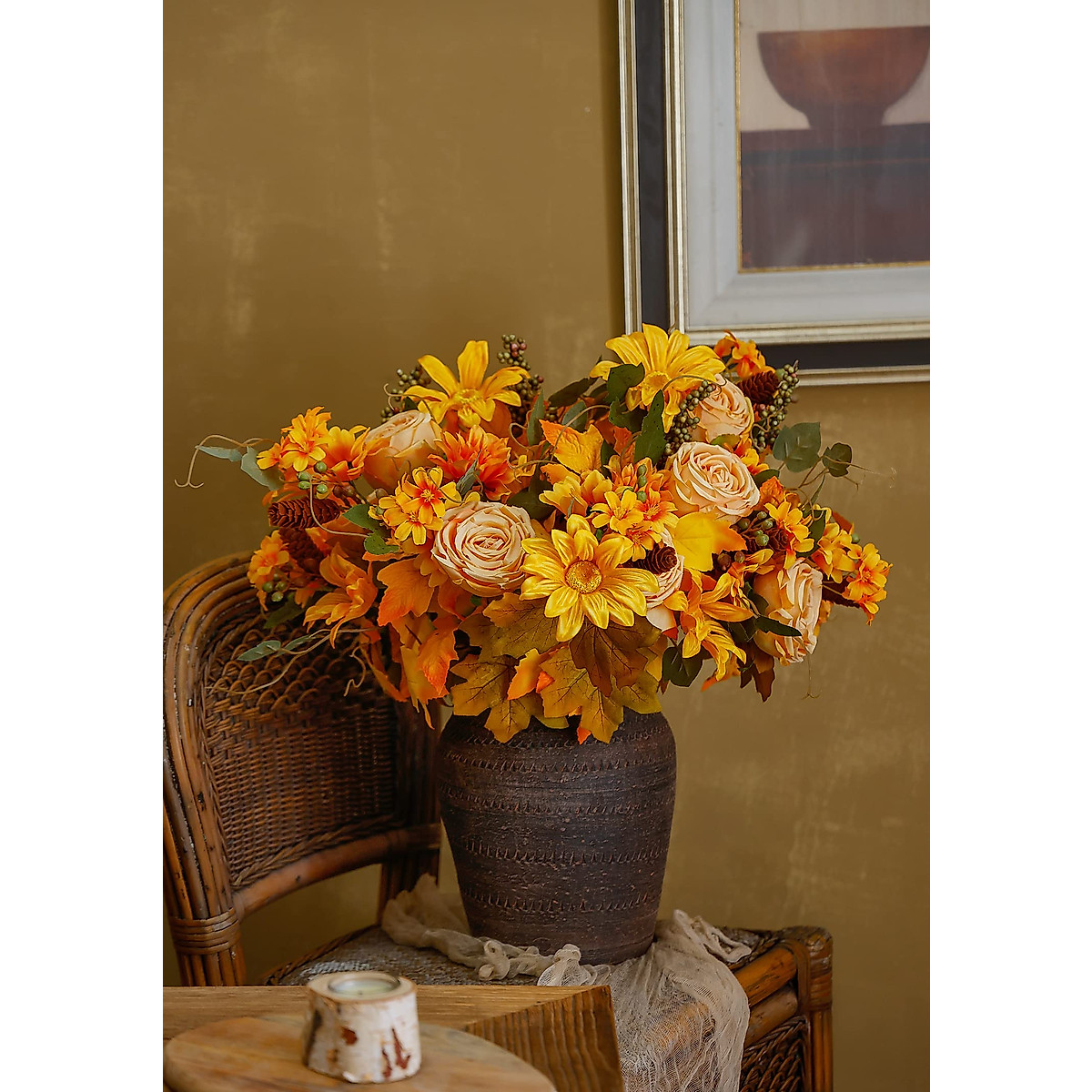 Anna's Whimsy 2 Pcs Fall Artificial Flowers, Fall Decor Silk Flowers Bouquet for Home Wedding Thanksgiving Decoration (Golden, 2)