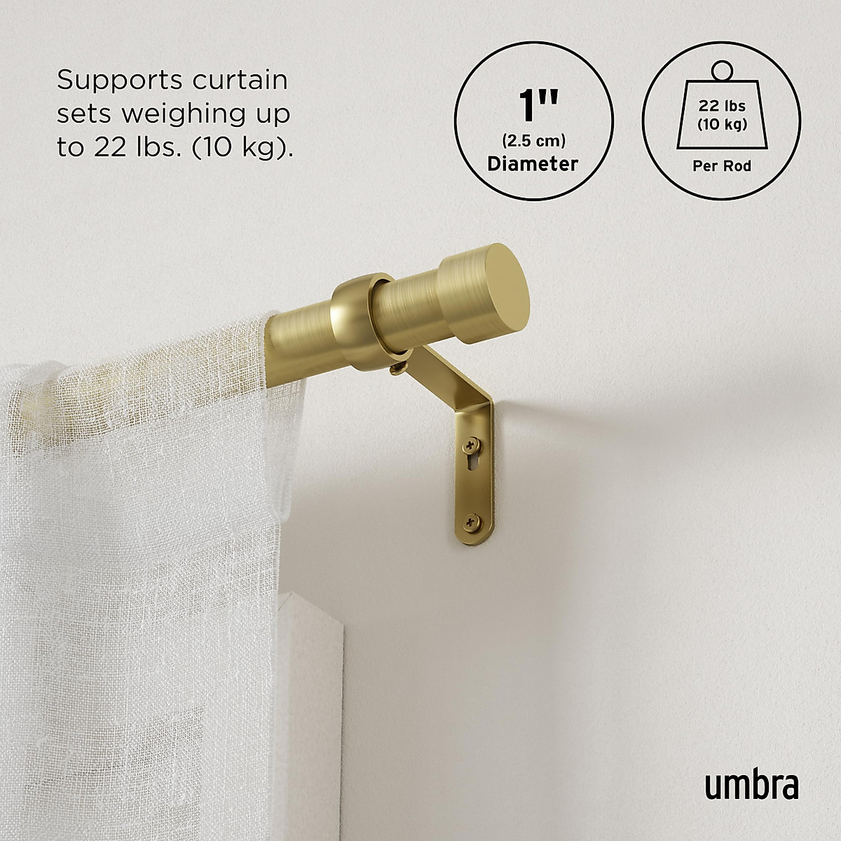Umbra Cappa Curtain Rod, Includes 2 Matching Finials, Brackets & Hardware, 36 to 66-Inches, Gold