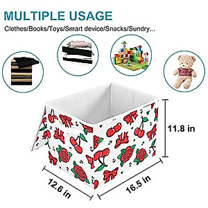 CaTaKu Rose Cherry Storage Bins with Lids and Handles, Fabric Large Storage Container Cube Basket with Lid Decorative Storage Boxes for Organizing Clothes