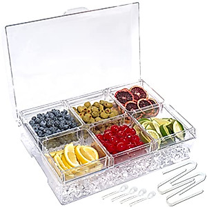 ImpiriLux Ice Chilled Six Compartment Condiment Server Caddy - Serving Tray Container with 6 Removable Dishes Each with 3.5 Cup Capacity | Domed Hinged Lid | 4 Serving Spoons + 4 Tongs Included