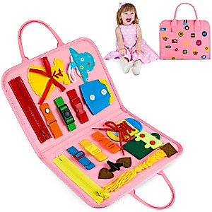 GIFTINBOX Toddler Busy Board, Montessori Sensory Activity Board for Toddlers, Learn to Dress Toy, Montessori Toys for 3 4 5 Year Old, Learning Toy for Airplane or Car Travel - Yellow