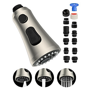 Hygie Rinse Pull Down Faucet Head Replacement with 11 Adapters Compatible with Moen Delta Faucet Head, 3 Function Kitchen Sink Faucet Sprayer Head Fit Most Faucet, Brushed Nickel