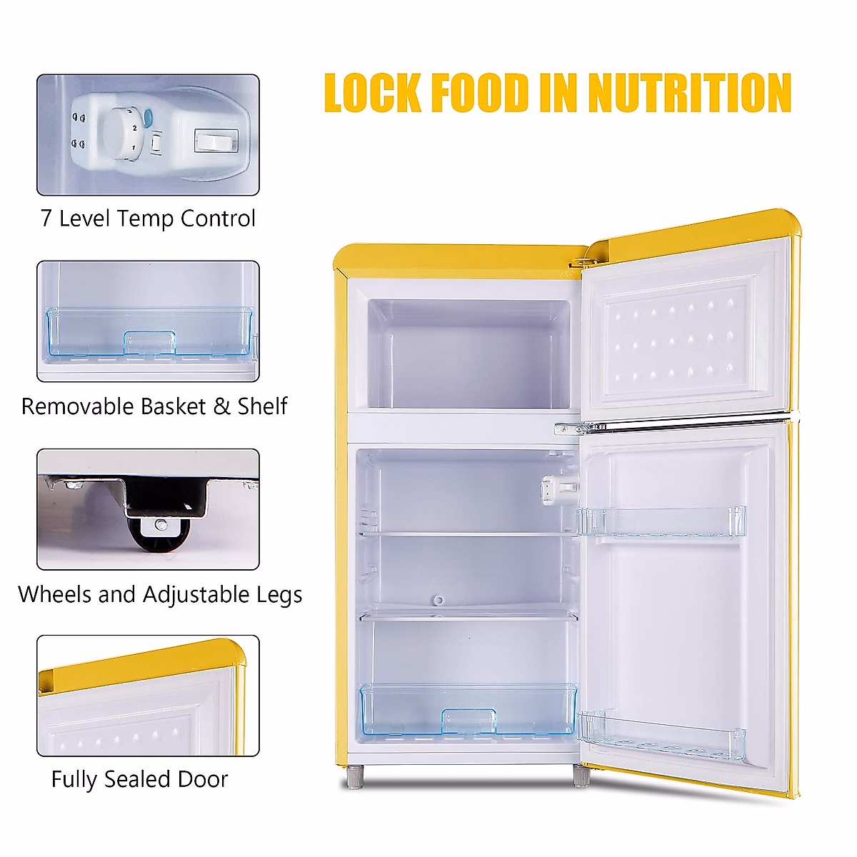 WANAI Compact Refrigerator, 3.5 Cu.Ft Retro Mini Fridge with Freezer, Dual Door Small Refrigerator with 7 TEMP Modes, LED Lights, Removable Shelves, Ideal for Bedroom Dorm Office Apartment