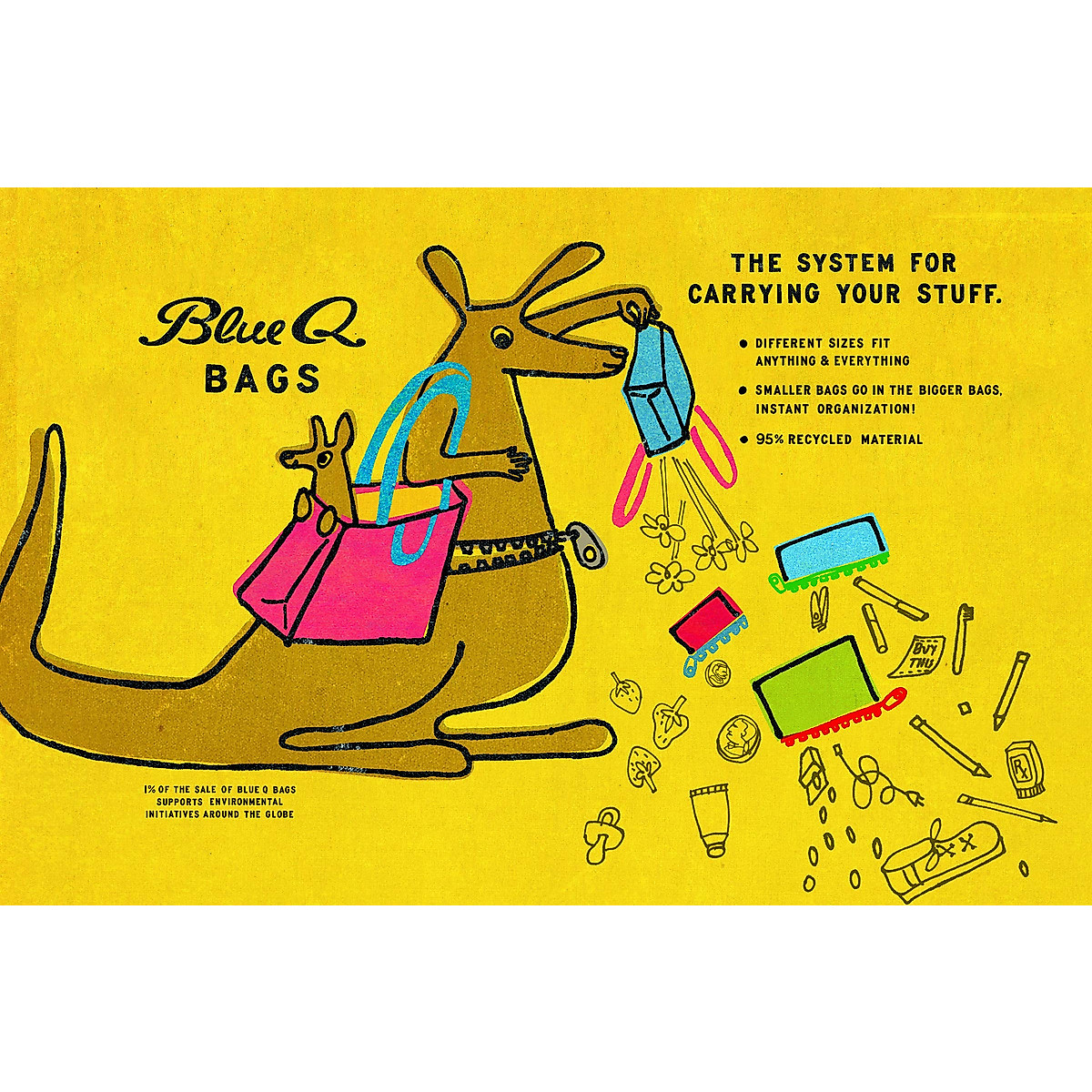 Blue Q Shoppers, Reusable Grocery Bag, Sturdy, Easy-to-Clean, 15" h x 16" w x 6" d, made from strong 95% recycled material (Random Crap)