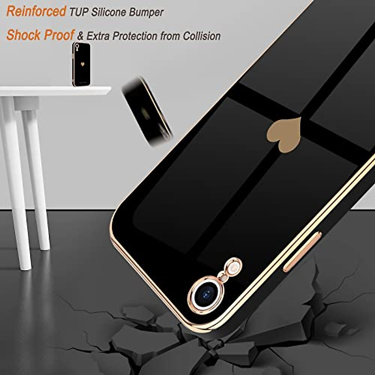 Teageo Compatible with iPhone Xr Case for Women Girl Cute Love-Heart Luxury Bling Plating Soft Back Cover Raised Full Camera Protection Bumper Silicone Shockproof Phone Case for iPhone Xr, Black