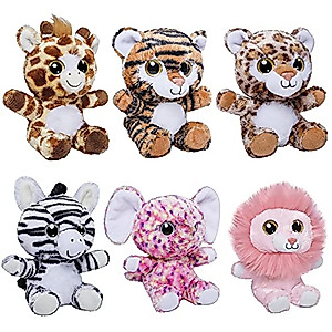 Nleio 7inch Stuffed Animals Forest Plush Toys, 6 Pieces Super Soft Jungle Animal Stuffed Toys Lion/Giraffe/Elephant/Tiger/Zebra/Leopard Safari Plush Animals for Babies Kids Toys Party Decorations