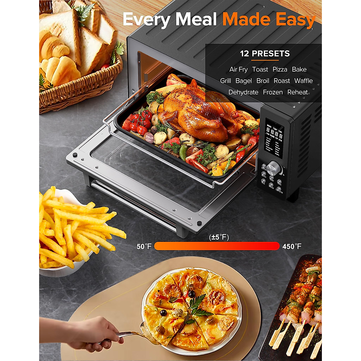 Nuwave Bravo Pro Smart Air Fryer Toaster Oven Combo, Airfryer Convection Oven Countertop, 12-in-1 Functions with Quicker & Even Crisp Technology, 1800W, 50-450°F, PFAS-Free, 21QT, Black