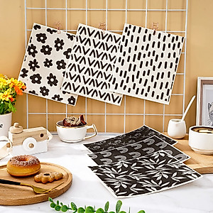 Whaline 6Pcs Minimalist Swedish Dishcloth White Black Flower Leaf Rainbow Geometric Reusable Kitchen Dish Towel Absorbent Cotton Cleaning Dishcloth for Graduation Party Housewarming Gift, 6.7x7.7 Inch