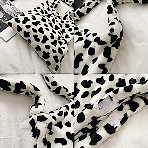 Women Leopard Print Shoulder Bag Fluffy Plush Clutch Faux Fur Handbag Tote Bag (Cow)