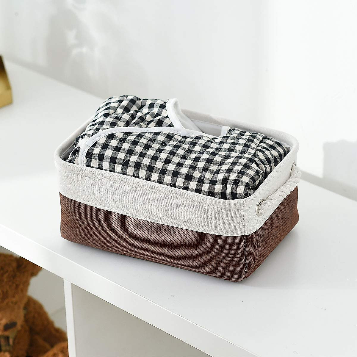 Sacyic Storage Baskets for Shelves, Fabric Baskets for Organizing, Collapsible Storage Bins for Closet, Nursery, Clothes, Toys, Home & Office [9-Pack, White&Brown]