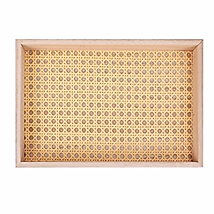 15 x 10 in Rectangle Decorative Tray with Imitated Rattan Handmade, Ottoman Tray, Boho Serving Tray, Basket Serving Tray with Wooden Frame for Coffee, Breakfast, Food, Drink