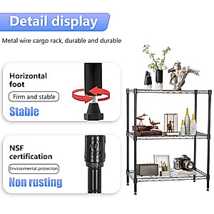 FDW Wire Shelving Units Adjustable Metal Storage Rack 23D x 13W x 30H 3 Tier Pantry Shelves NSF Kitchen Shelf for Kitchen Garage Commercial Small Places,Black