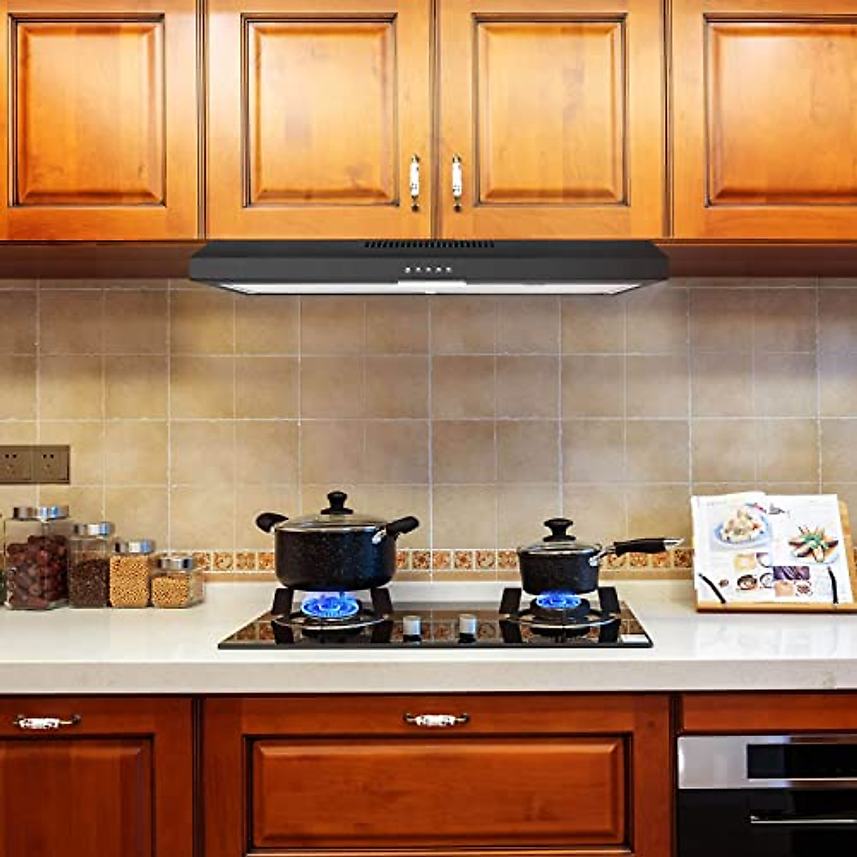 SNDOAS Range Hood 30 inch Under Cabinet with Charcoal Filter,Ductless Range Hood w/ 3 Speed Exhaust Fan,Stainless Steel Black Range Hood w/LED Light,Push Button,Under Cabinet Kitchen Hood