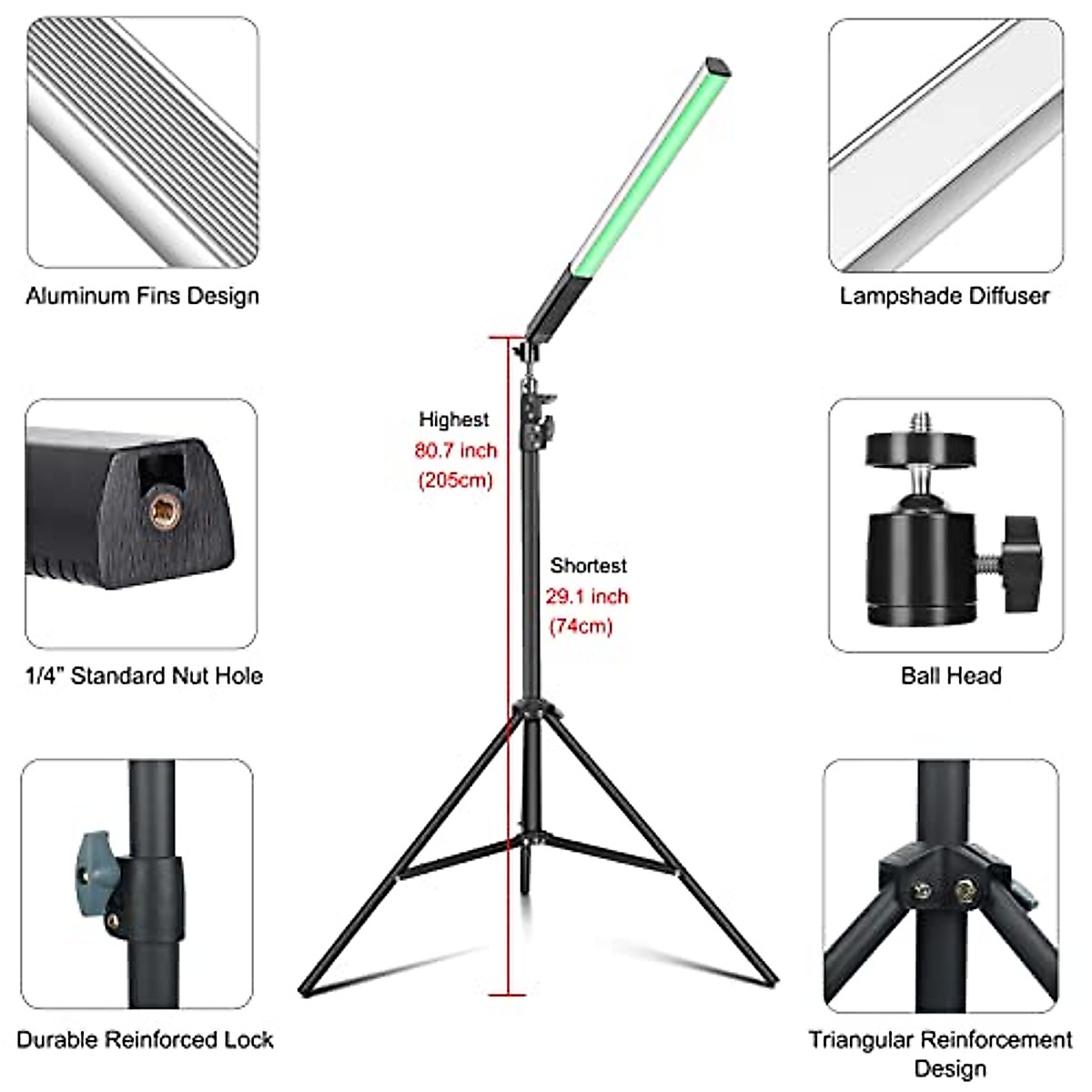 2 Pack RGB LED Video Light Wand Stick, LUXCEO Photography Studio Lighting Kits with 29" to 81" Tripod & Remote Control, Dimmable Photography Light Wand 36 Colors 3000K-6000K