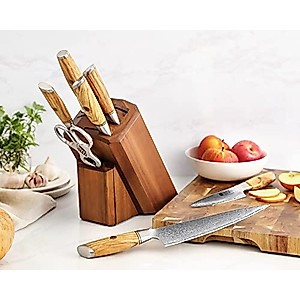 XINZUO 8-Piece Damascus kitchen Knife Set with Block& Kitchen Scissors, Hand Forged 73 Layer Damascus Powder Steel Professional Chef Knife Sets, Olive Wood Handle, Gift Box