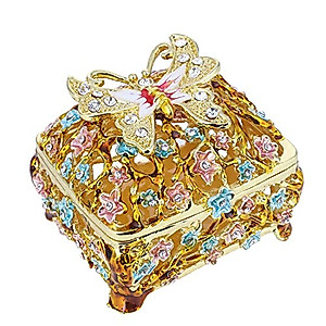 YU FENG Jeweled Butterfly Flower Trinket Boxes Hinged Collectible Decorative Golden Enamel Jewelry Ring Holder Box