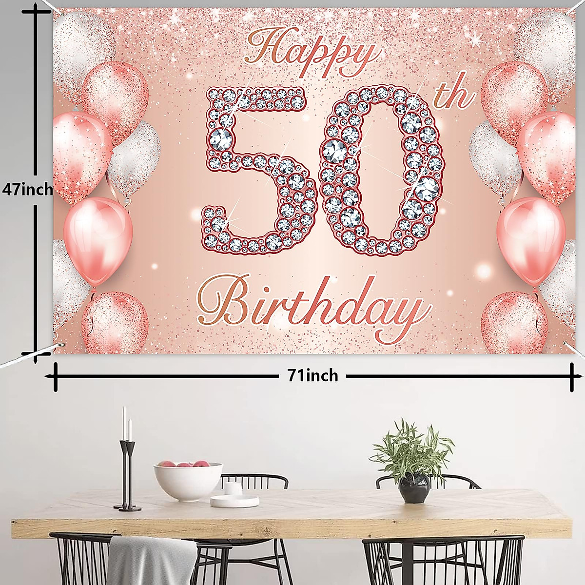 Happy 50th Birthday Rose Gold Banner Cheers to 50 Years Old Backdrop Confetti Balloons Theme Decor for Women 50 Years Old Pink Birthday Party Decorations Bday Supplies Background Favors Gift Glitter