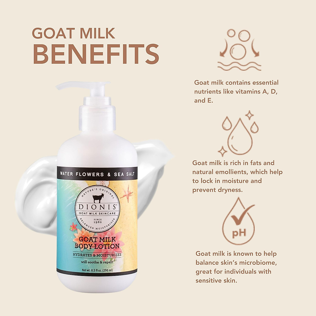Dionis Goat Milk Hydrating Skincare Scented Cream, Rich & Creamy Daily Moisturizing Water Flowers & Sea Salt Spice Body Lotion For Dry Skin, Made in the USA, Cruelty-Free & Paraben-Free, 8.5 oz Bottle