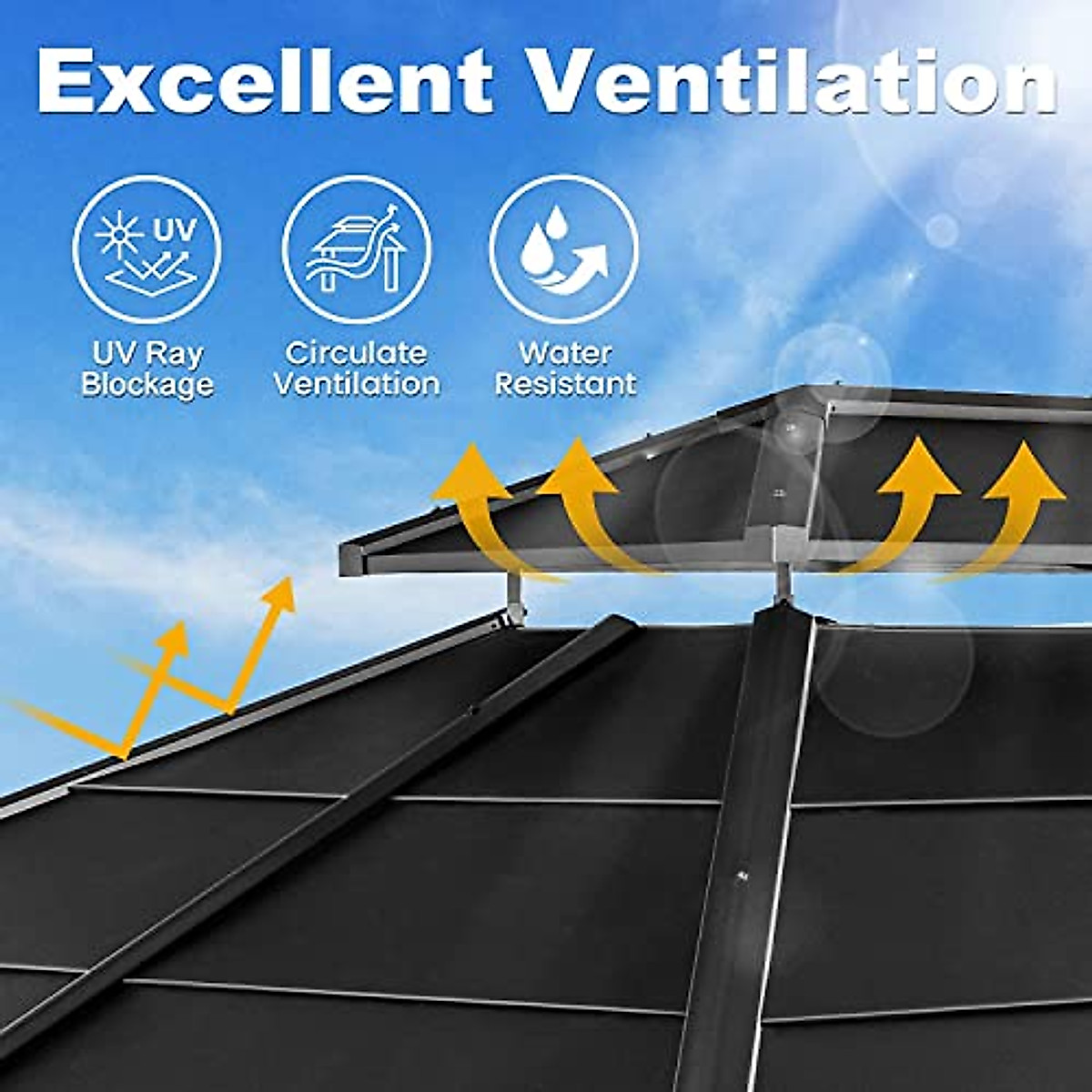 10' x 12' Gazebo, Outdoor Double Roof Canopy Hardtop Gazebo with Durable Metal Frame, Galvanized Steel Top Gazebo with Ventilation, Curtain and Netting, for Patio, Backyard, Deck and Lawns