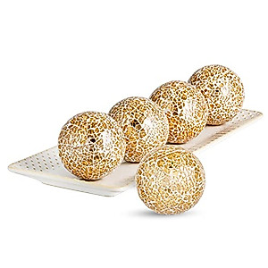 Ka Home Gold Mosaic Glass Orbs Set of 5 - Decorative Sphere Balls for Centerpiece, Tray and Bowl Displays -3 inches Each