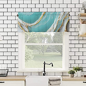Marble Auqa Valance Curtains for Living Room/Bedroom/Bathroom/Kitchen Window,Rod Pocket Window Valance Tiers Small Window Curtain Drape Window Panel Treatment,Modern Abstract Gold White Art 1 Panel