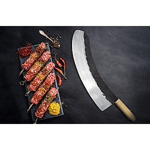 Carbon Steel Handmade Forged Gourmet Professional Chef Butcher Chopping Mincing Knife Handled Curved Kebab Meat Mezzaluna Herb Big Blade Kitchen Cleaver (19.7 in/50 cm)