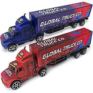 ArtCreativity Semi Truck Toys for Boys, Set of 2, Pull Back Truck Toys for Kids in Red & Blue, Trailer Trucks for Hours of Pretend Play, Unique Toy Car Party Decorations and Boys’ Room Decor