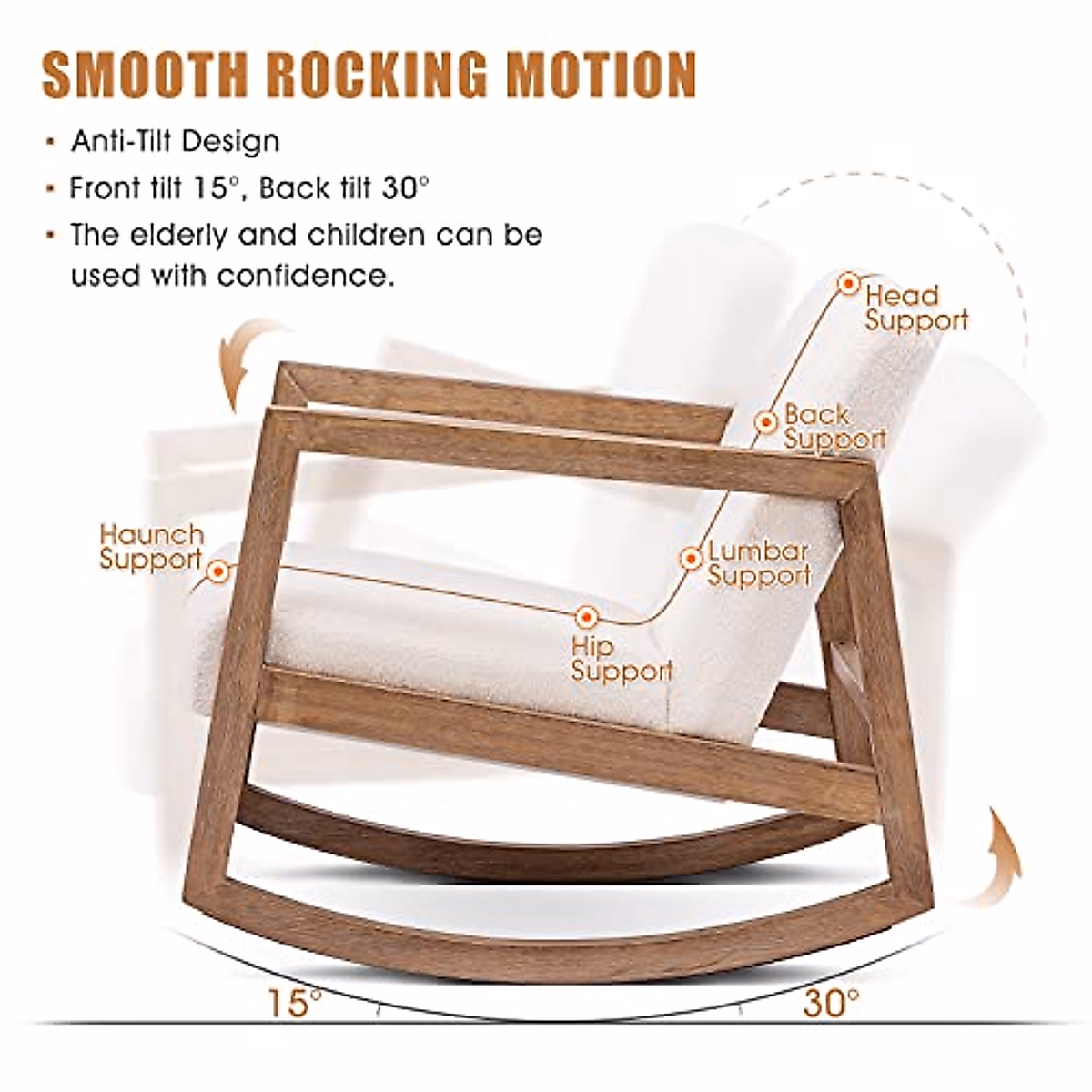 CDCASA Nursery Rocking Chair, Teddy Fabric Upholstered Glider Chair for Nursery, High Backrest Modern Accent Chair Comfy Single Arm Chair for Living Room, Bedroom, Office, 1 PCS