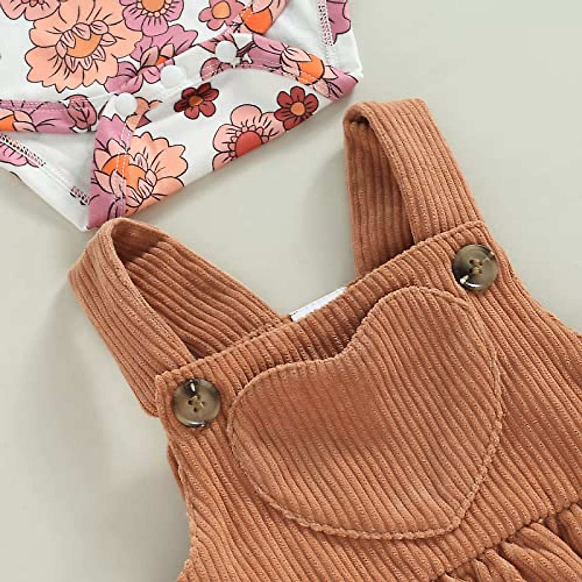 Baby Girl Fall Clothes Cute Graphic Long Sleeve Romper Bodysuit and Corduroy Suspender Skirt Suit for 3 6 9 12 18 Months (A Brown, 12-18 Months)