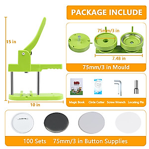 MK.Bear Button Maker Machine 75mm (3 in), DIY Button Pin Maker Machine Kit, Button Press Machine with 100 Sets Button Making Supplies & Circle Cutter & Magic Book