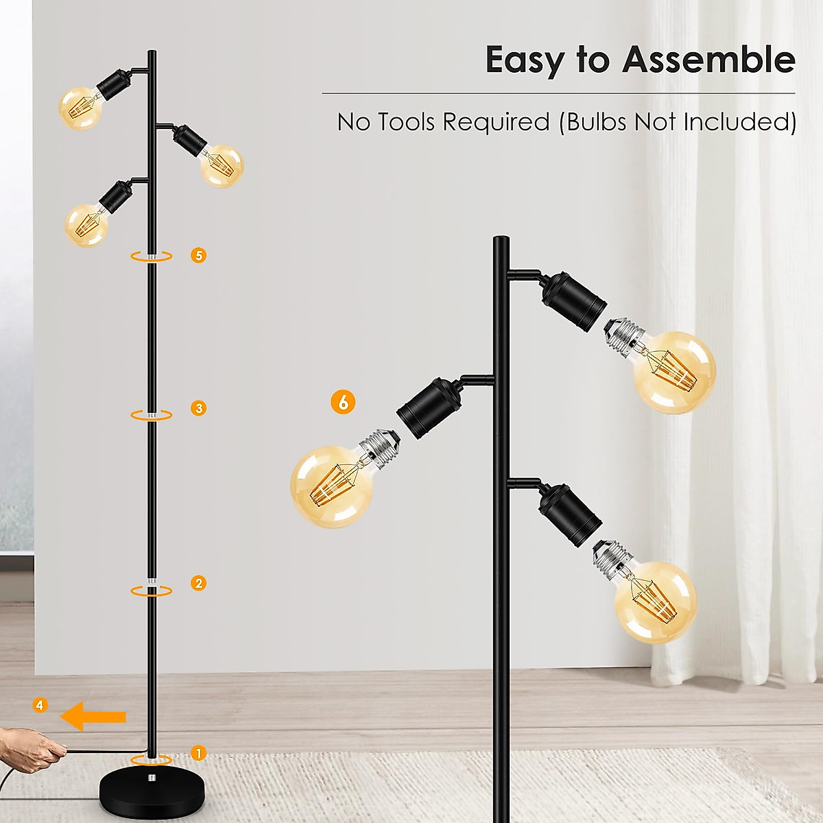 BoostArea Tree Floor Lamp, Industrial Floor Lamp, Modern Standing Lamp with Adjustable 3 Light, E26 Socket, Rotary Switch, Minimalist Metal Stand Up Lamp Pole Lamps for Living Room, Bedroom(No Bulbs)