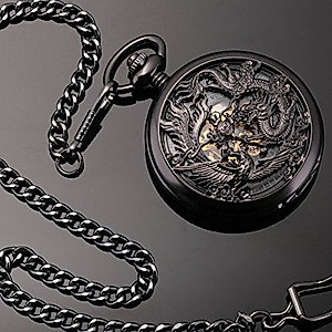 ManChDa Antique Mechanical Pocket Watches for Men Lucky Dragon Phoenix Pocket Watch with Chain Black Skeleton Dial Roman Numberals Gifts for Fathers Day