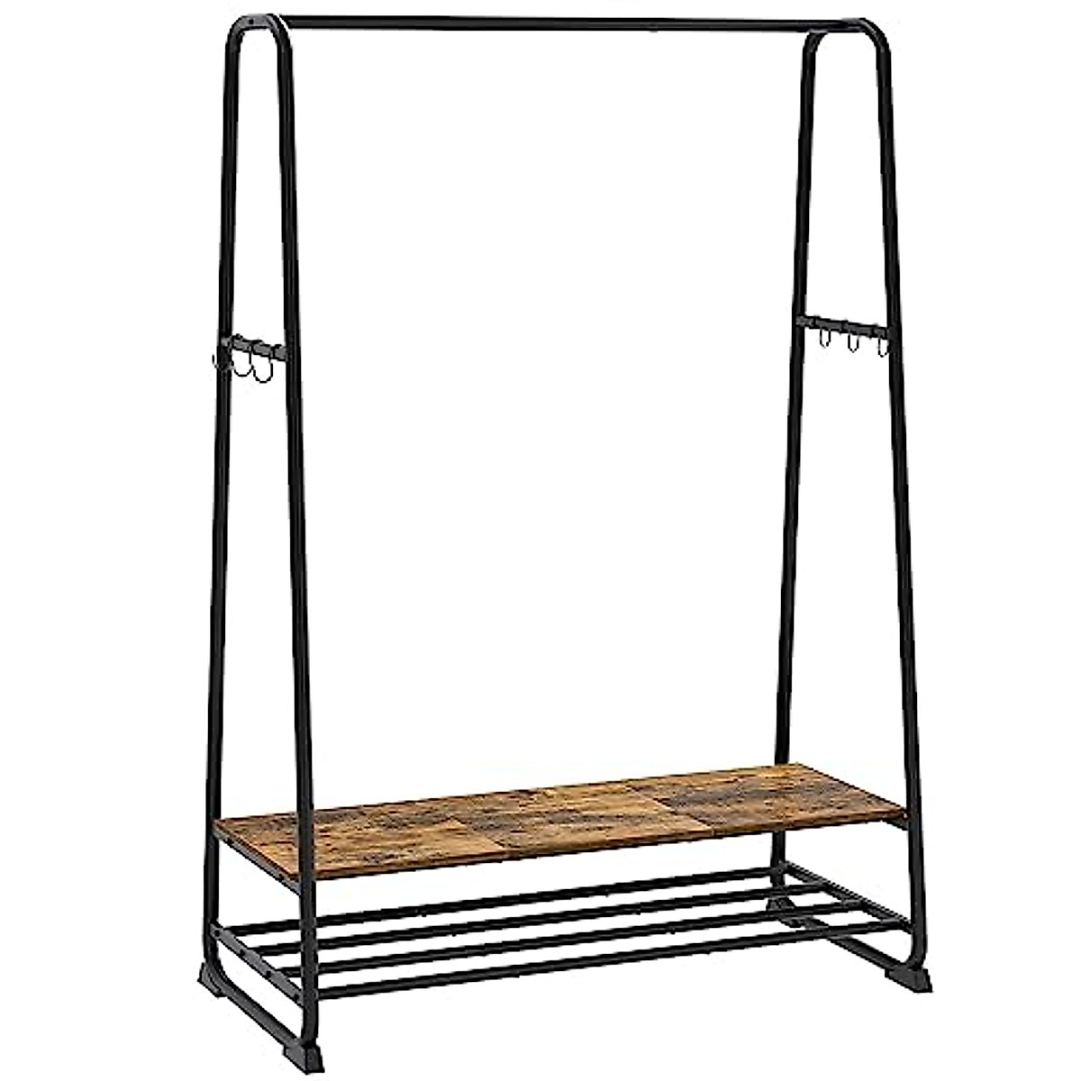 YATINEY Clothes Rack, Garment Rack for Hanging Clothes, Industrial Clothing Rack with 2 Shelves, 6 S Hooks, Metal Frame, for Bedrooms, Entrances, Rustic Brown and Black GR45BR