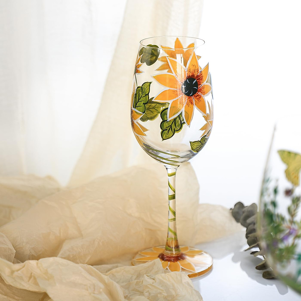 CHOOLD Sunflower Artisan Painted Wine Glass Flower Print Wine Glasses Lead-Free Glasses Goblet for Party Wedding Christmas Gift