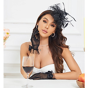 Fascinators Hats Clip Hat Wedding Cocktail Tea Party Headwear and Short Lace Bowknot Gloves for Women（102 Black