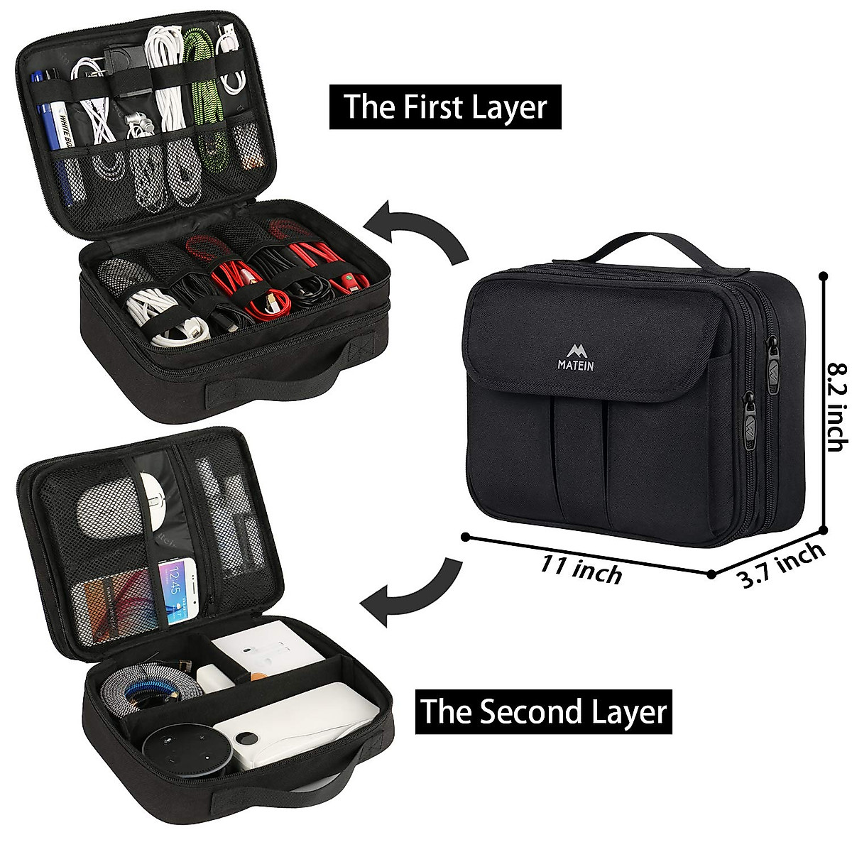 MATEIN Electronics Organizer, Waterproof Travel Electronic Accessories Case Portable Double Layer Cable Storage Bag for Cord, Charger, Power Bank, Flash Drive, Phone, Ipad Mini, SD Card, Tablet, Black