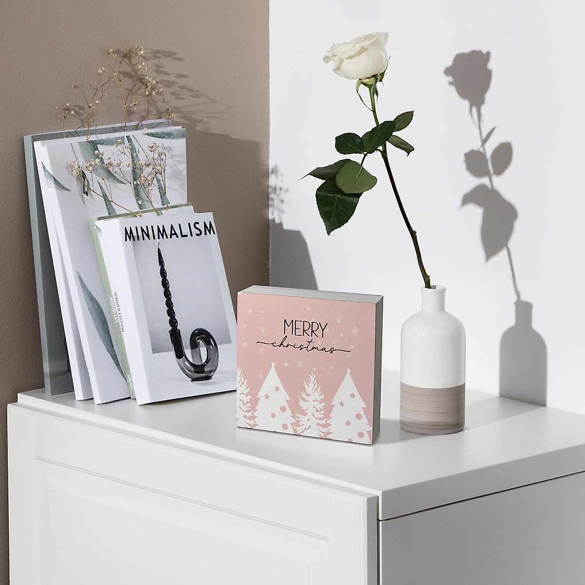 kunlisa Pink Christmas Wooden Box Signs,Pink Christmas Sign,Pink Christmas Decorations,Christmas Tree Sign,Merry Christmas Sign,Christmas Signs for Home Decor 5x5 Inch