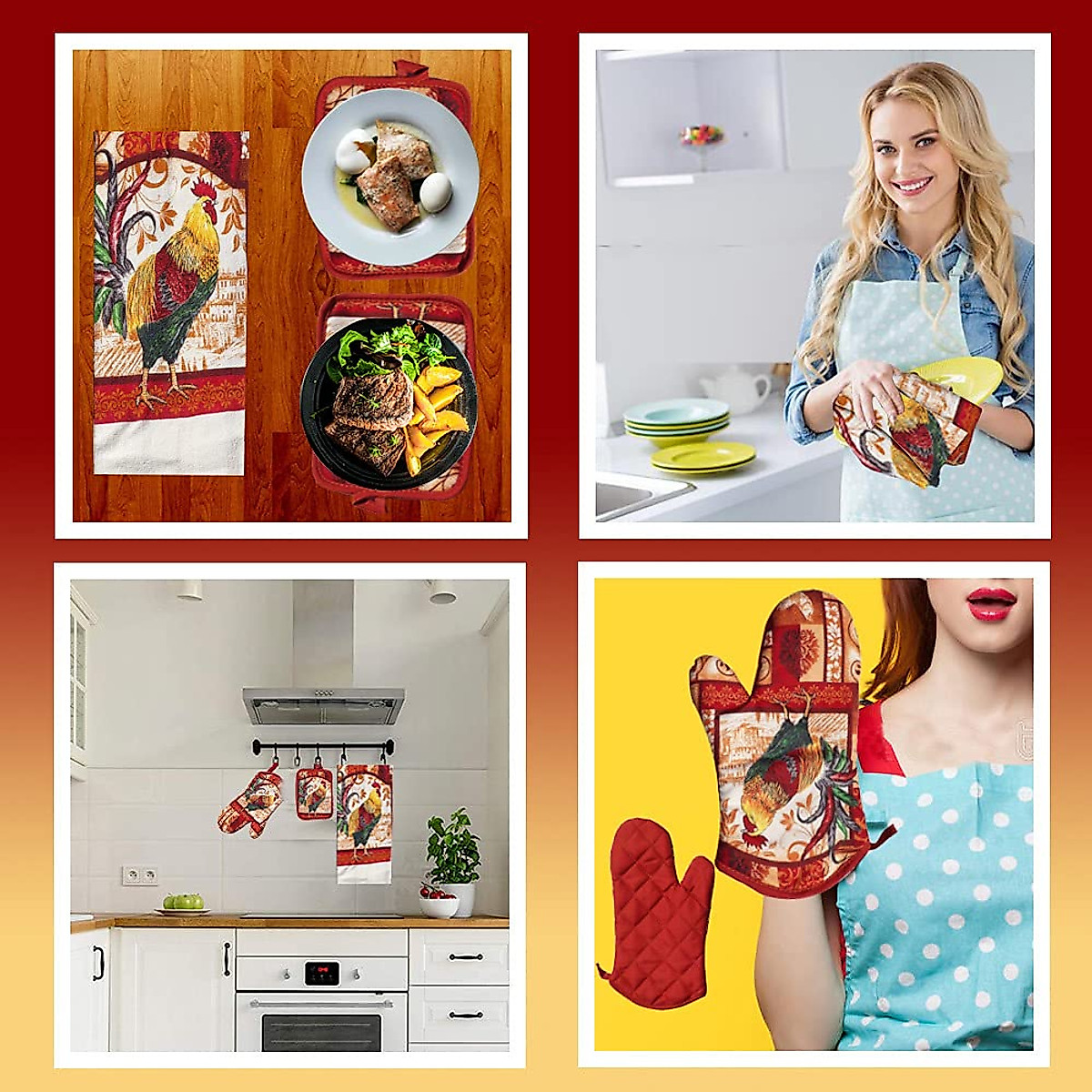Lobyn Value Packs 4 Pack Kitchen Linens Lightweight Decorative Kitchen Towel Oven Mitt & Potholder (Rooster)