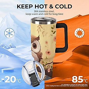 LPSADGF Cute Owl Insulated Stainless Steel Travel Mug, 40 Oz Tumbler with Handle And Straw Double-Wall Vacuum Coffee Cup, Leak-Proof Lid, Keeps Drinks Hot/Cold for Hours