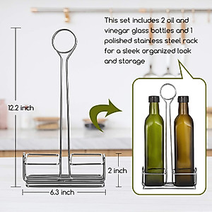 AOZITA 17oz Olive Oil Dispenser Bottle Set with Stainless Steel Holder Rack - 500ml Glass Oil & Vinegar Cruet with No-drip Pourers, Funnel, and Labels - Dark Green & Brown